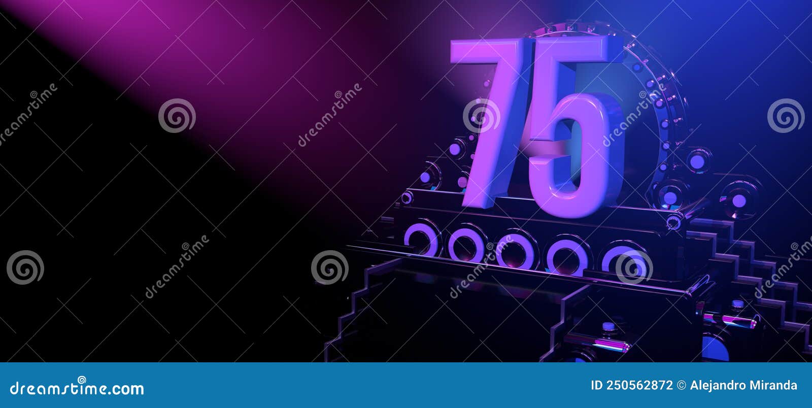 Solid Number 75 on a Reflective Black Stage Illuminated with Blue and ...
