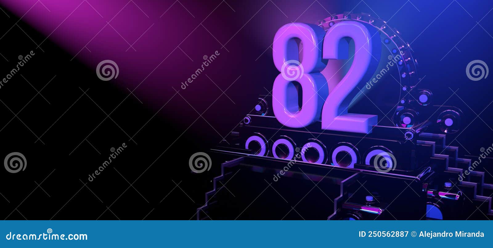 Solid Number 82 on a Reflective Black Stage Illuminated with Blue and ...