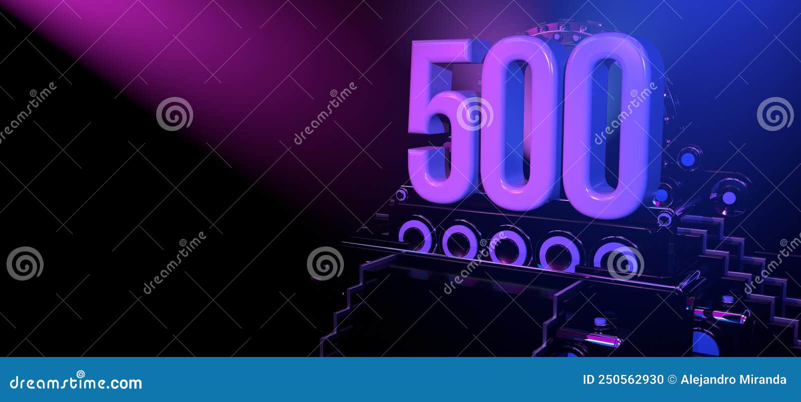 Solid Number 500 on a Reflective Black Stage Illuminated with Blue and ...