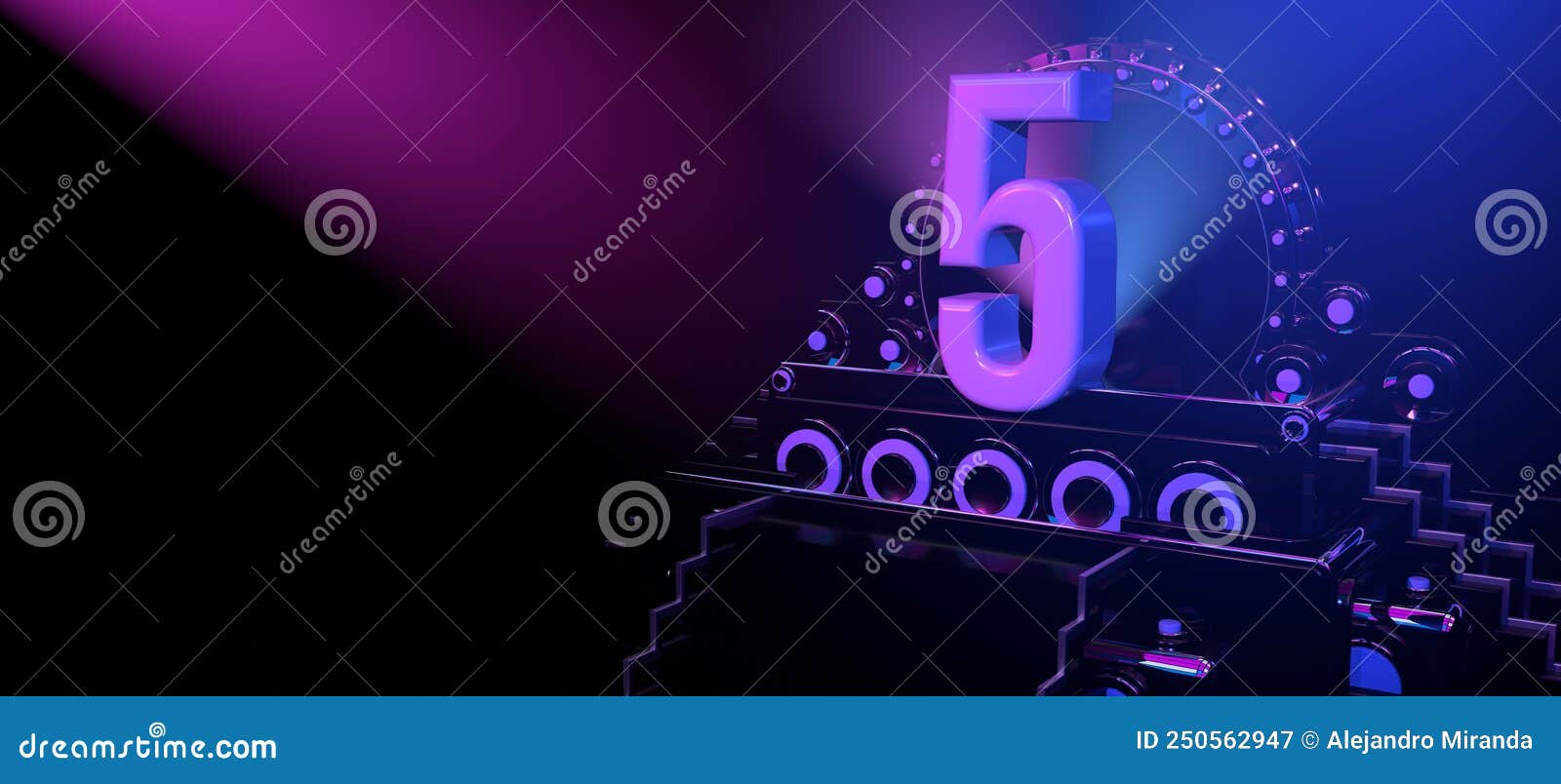 Solid Number 5 on a Reflective Black Stage Illuminated with Blue and ...