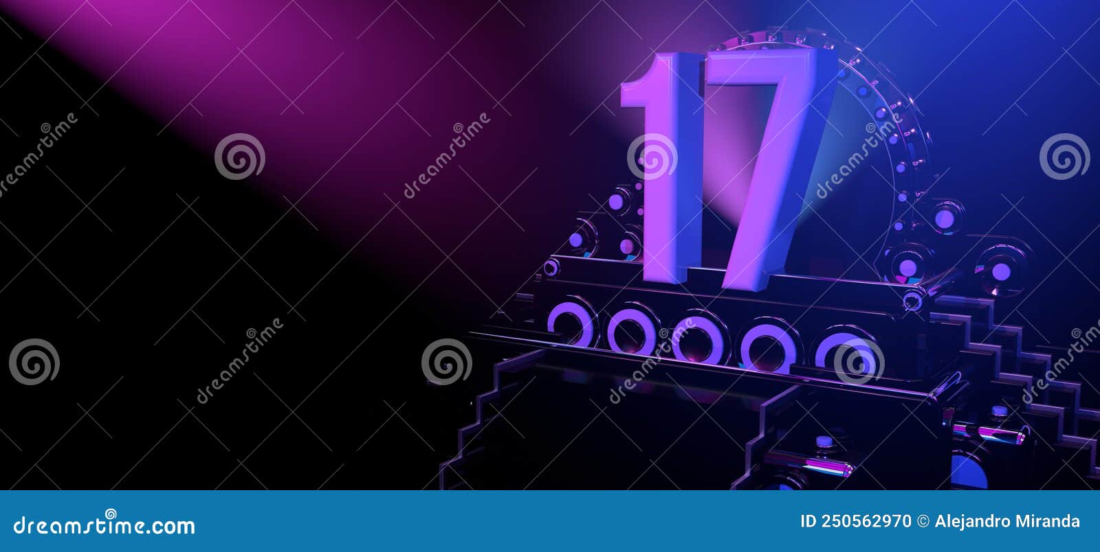 Solid Number 17 on a Reflective Black Stage Illuminated with Blue and ...