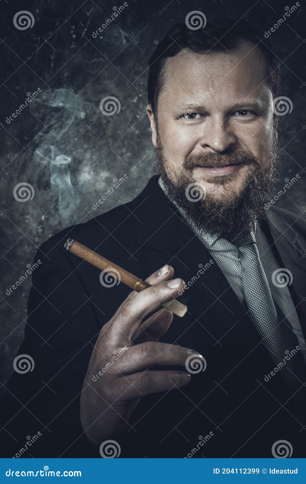 Solid Smoling Bearded Man in Suit with Cigar Stock Image - Image of ...