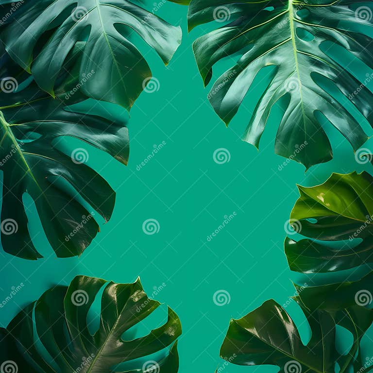 , a Solid Turquoise Single Colour Background - a Group of Leaves on a ...