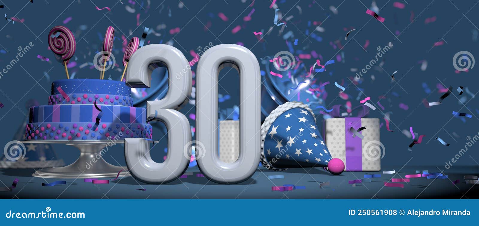 Solid White Number 30 in the Foreground, Birthday Cake Decorated with ...