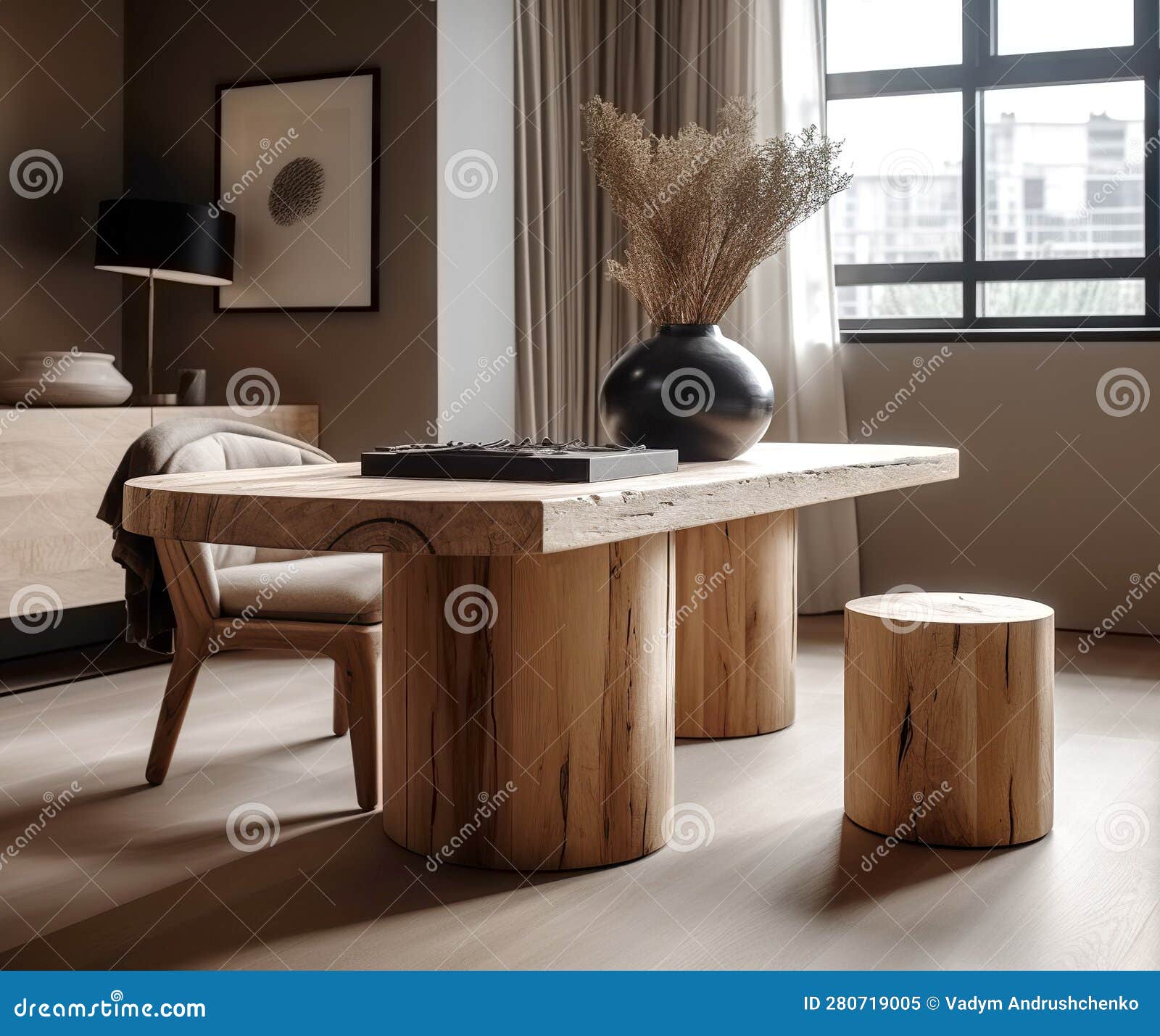 Solid Wood Dining Table and Stump Stool Near it. Interior Design of ...