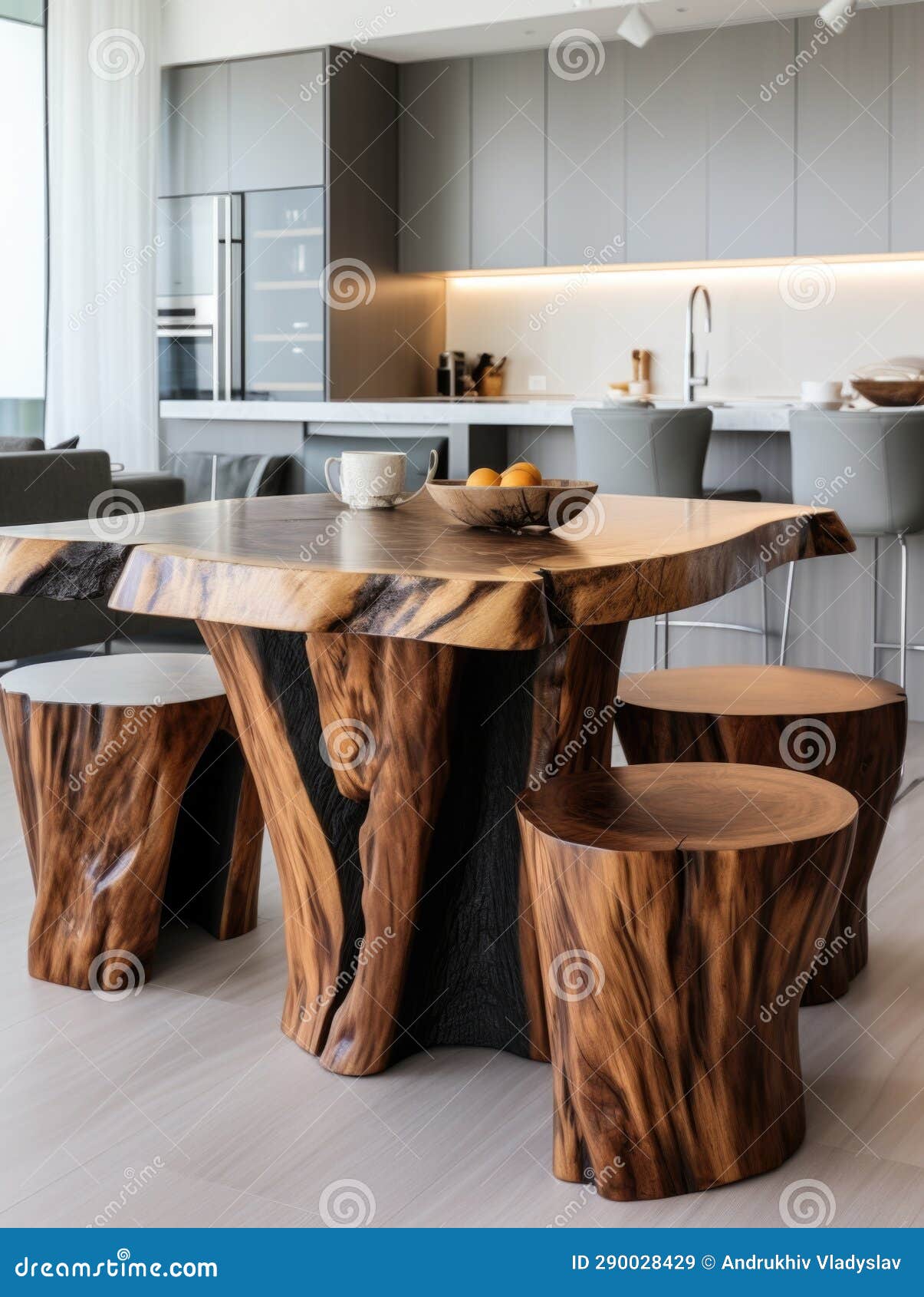 Solid Wood Dining Table and Stump Stool Near it. Interior Design of ...