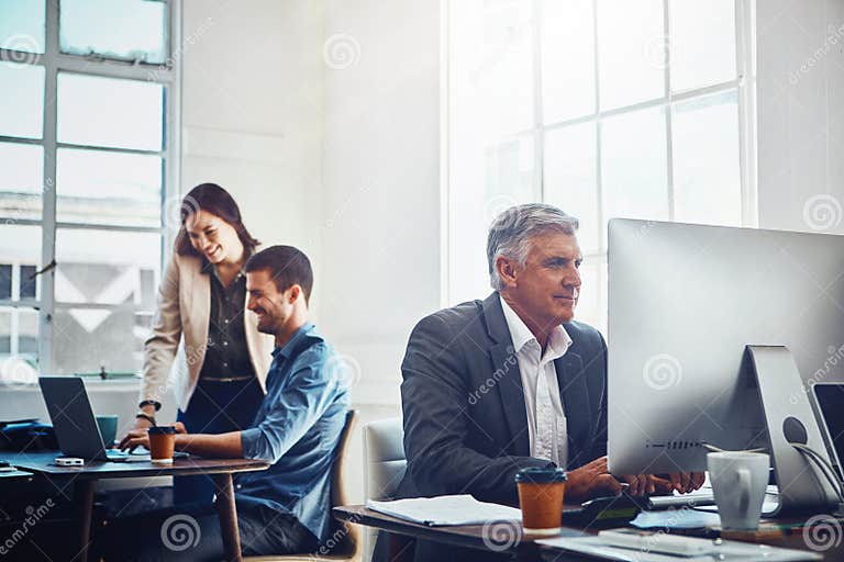 Solid Work from a Solid Team. Mature Businessman Using a Computer at ...