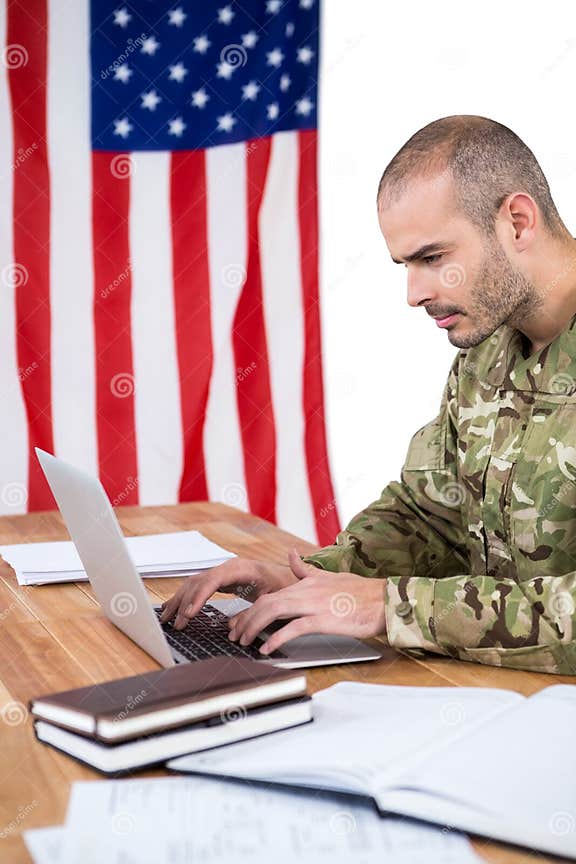 Solider Using a Laptop at Desk Stock Photo - Image of soldier, commando ...