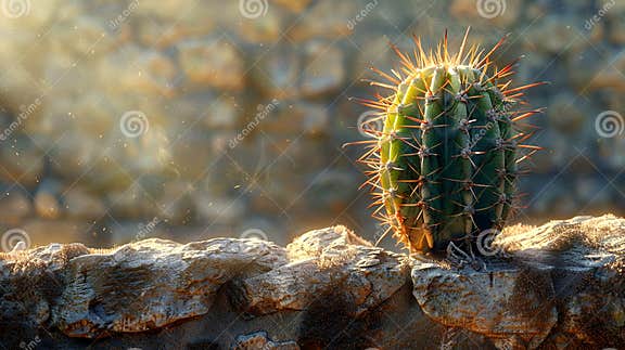 A Solitary Cactus Thriving on a Sunlit Stone Wall in a Tranquil Desert ... A Solitary Cactus Thriving on a Sunlit Stone Wall in a Tranquil Desert ...