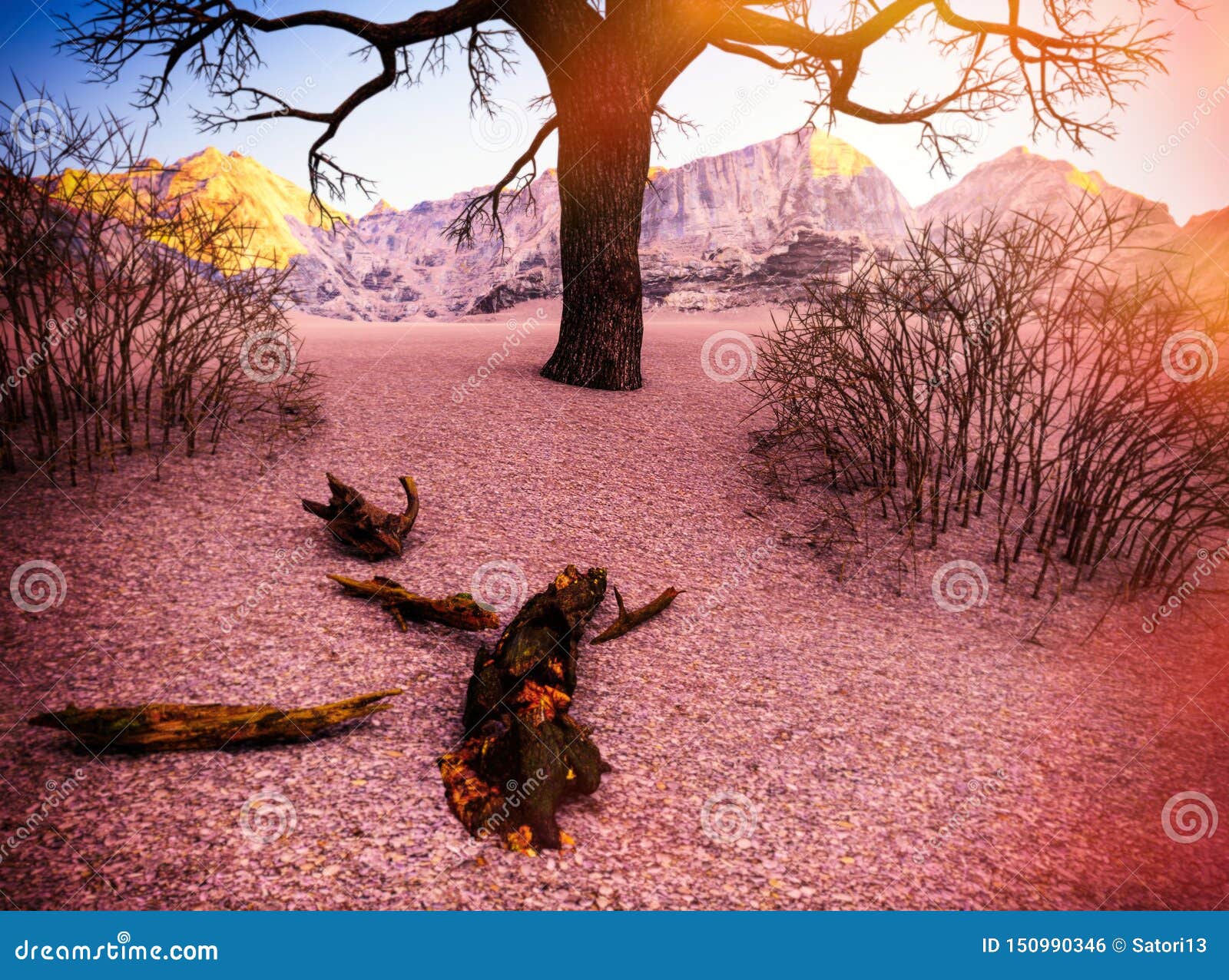 Solitary Dead Tree in Desert 3d Illustration Stock Illustration ...