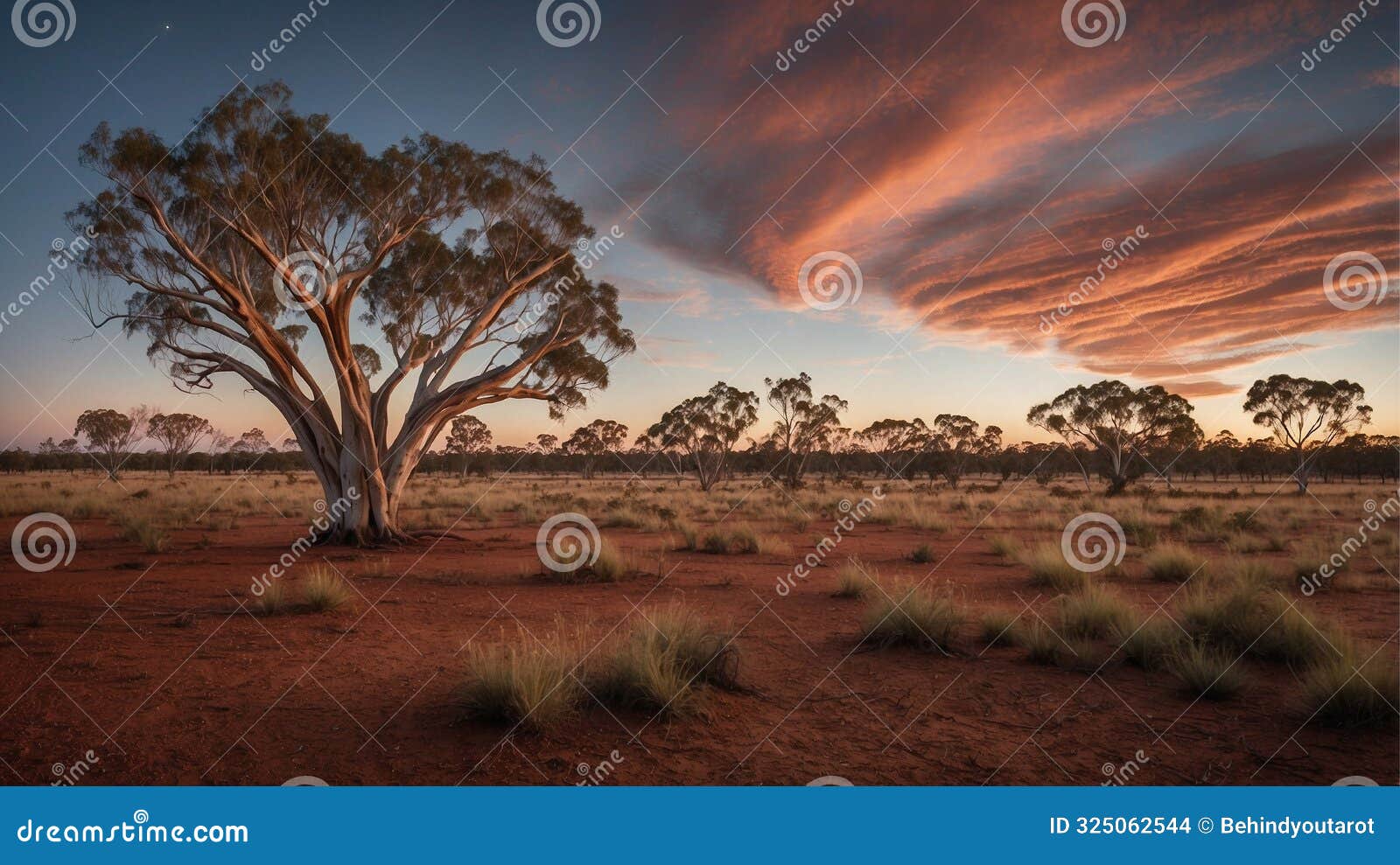 Solitary Eucalyptus Tree in the Australian Outback at Sunset Stock ...