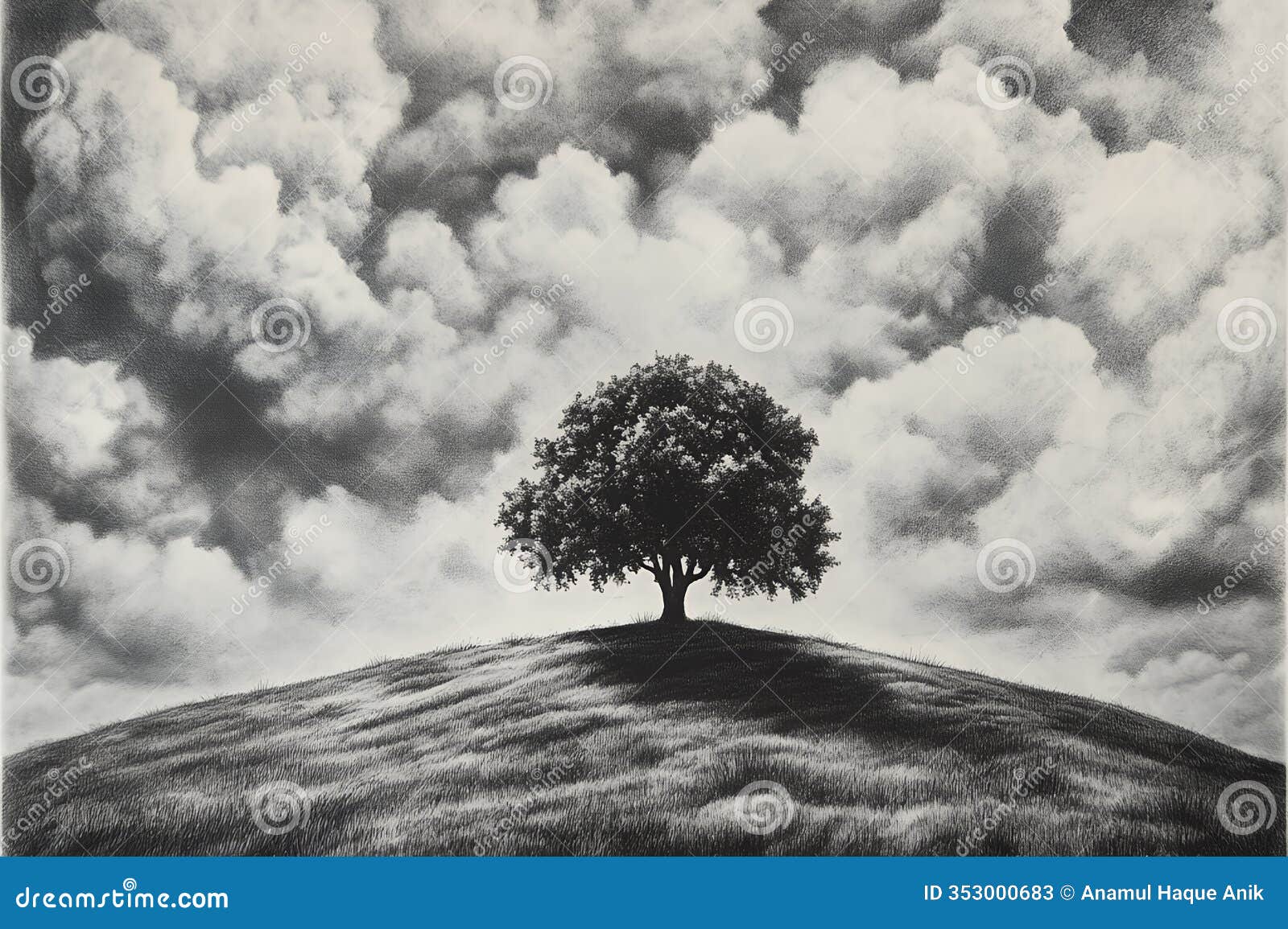 Solitary Tree Hilltop Dramatic Cloudscape Nature Art Pencil Drawing ...