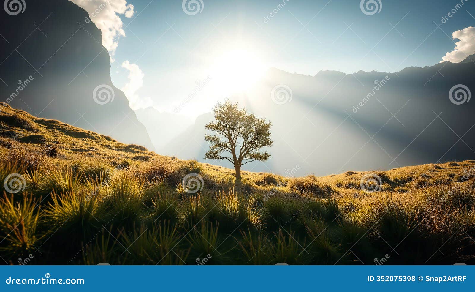 A Solitary Tree in a Valley with Sunlight and Mist Stock Illustration ...