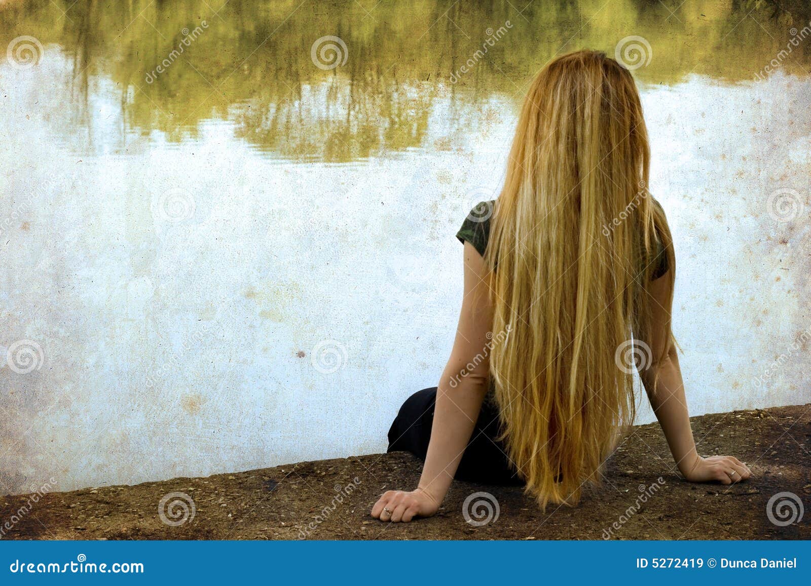 Solitude - Lonely Woman Sitting on Lake Side Stock Image - Image of ...