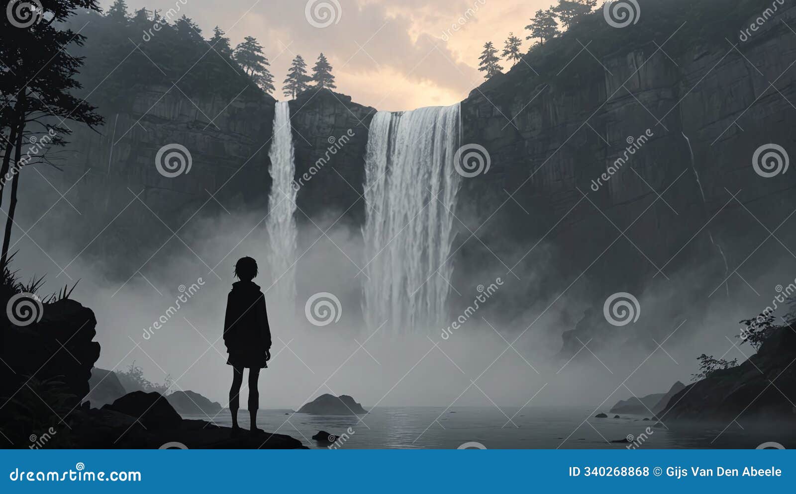 Solitude in Mist Anime Style Silhouette by Waterfall Stock Illustration ...