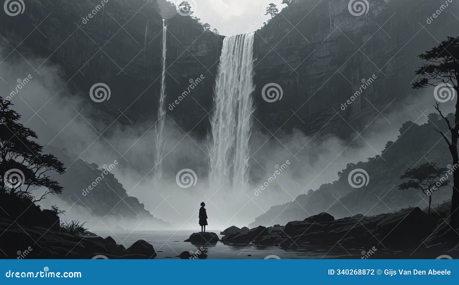 Solitude in Mist Anime Style Silhouette by Waterfall Stock Illustration ...