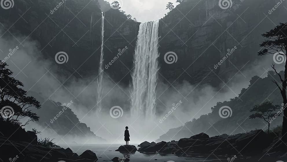 Solitude in Mist Anime Style Silhouette by Waterfall Stock Illustration ...