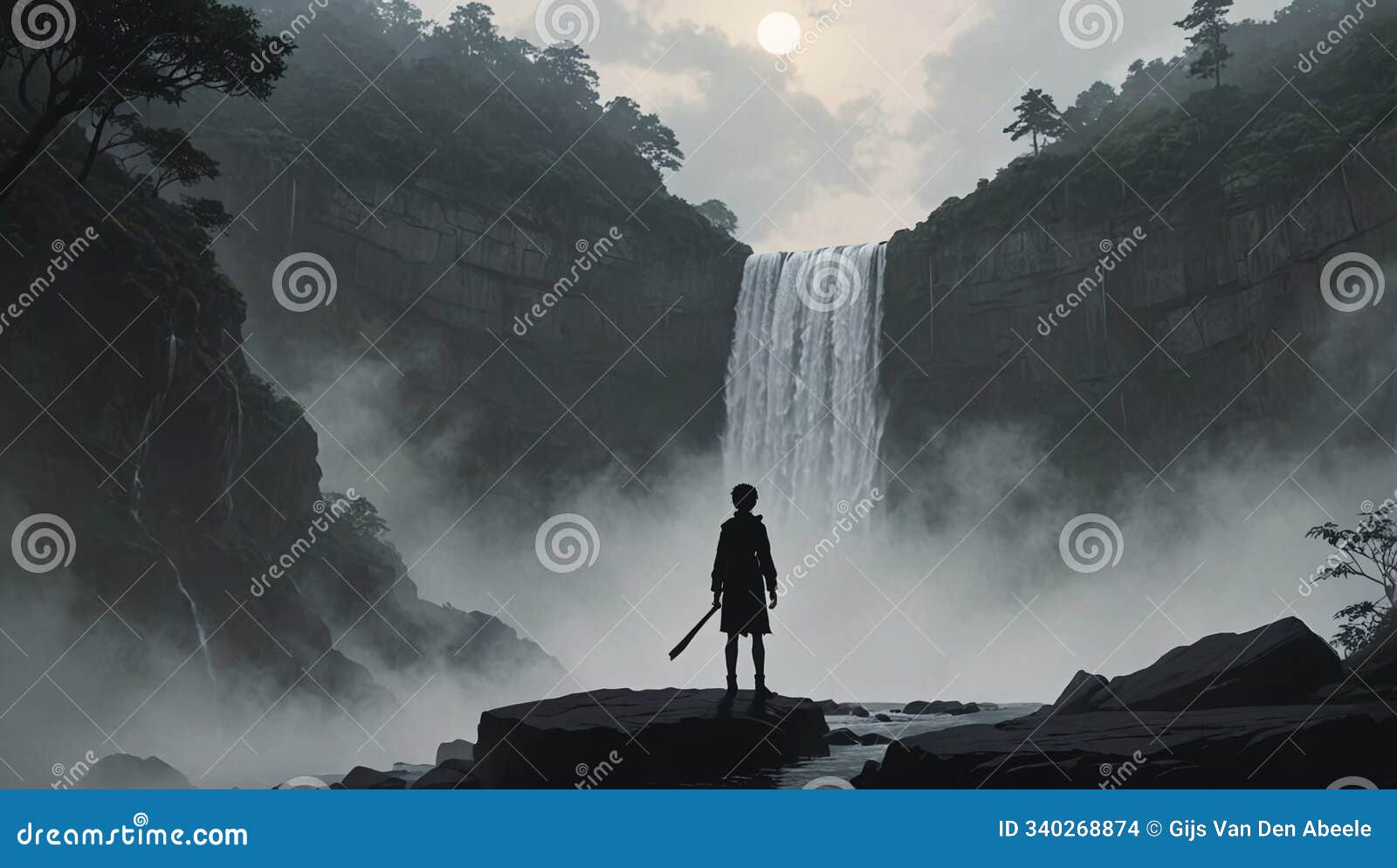 Solitude in Mist Anime Style Silhouette by Waterfall Stock Illustration ...