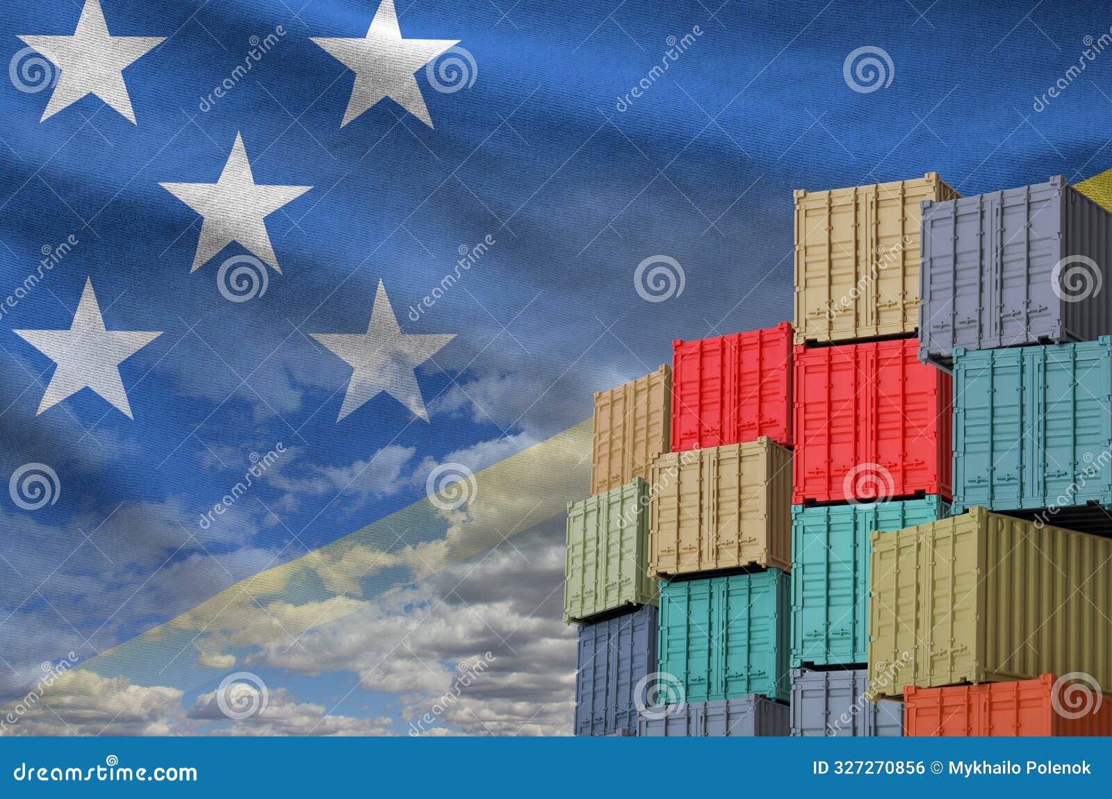 Solomon Islands Flag and Big Stack of Shipping Cargo Containers in ...