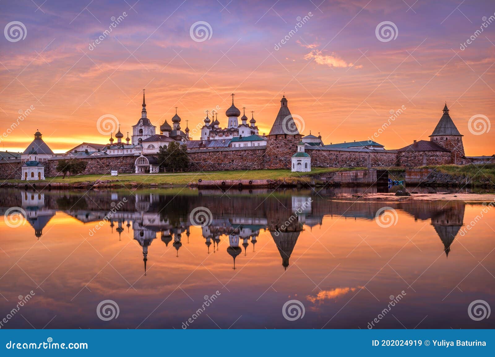 Solovetsky Monastery and Its Reflection Dawn Orange Sky Stock Image ...