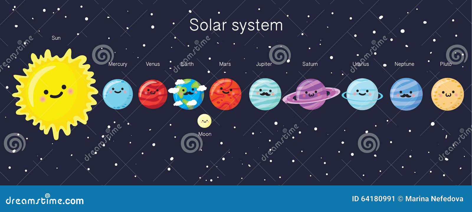 Solsystem Med Gulliga Le Planeter, Solen Och Månen Stock Illustrationer ...