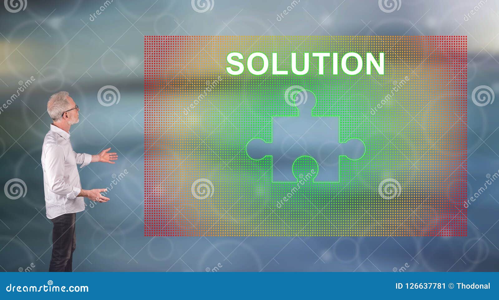 A Solution Concept Explained by a Businessman on a Wall Screen Stock ...