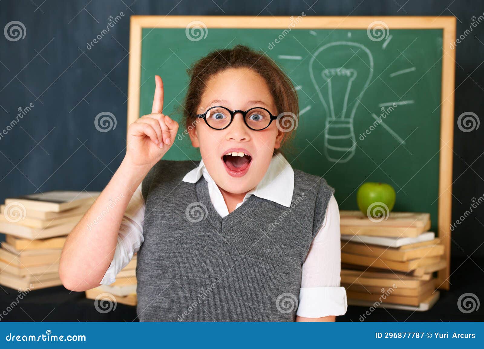 Solution, Idea and Portrait of Student with Light Bulb on Board for ...