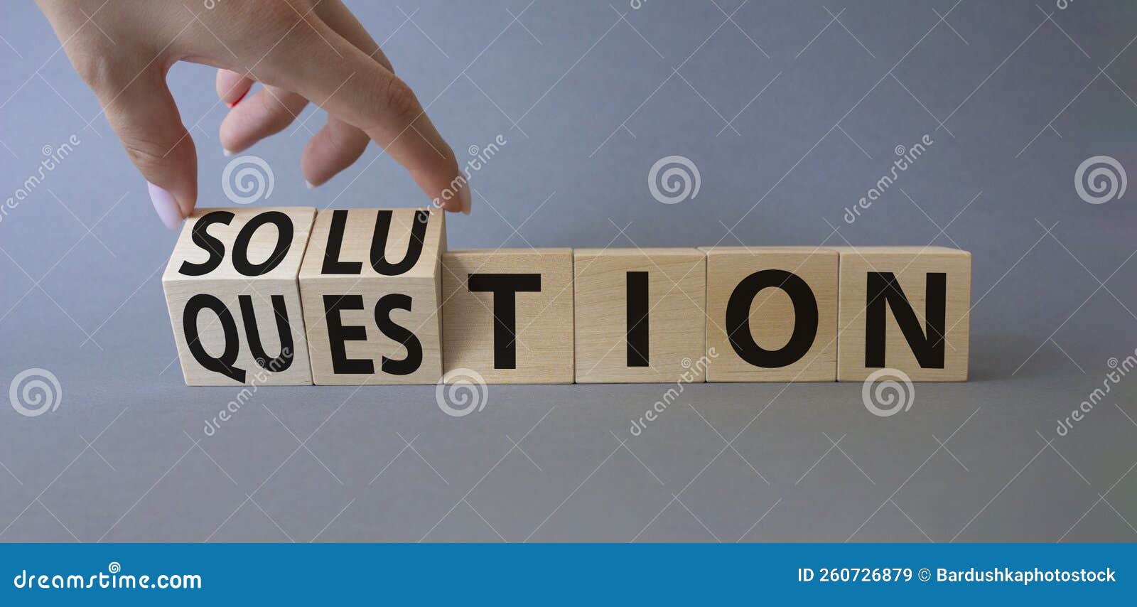 Solution and Question Symbol. Hand Turns a Cube and Changes the Words ...