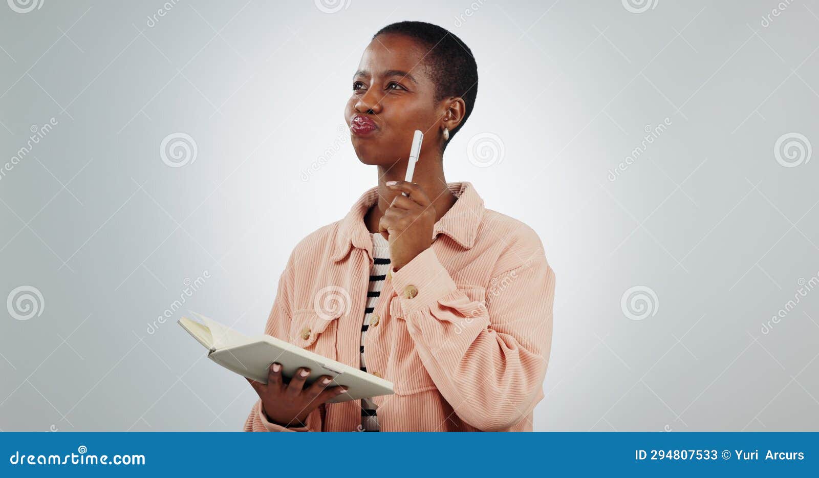 Solution, Woman and Thinking with Notebook in Studio for Creative Idea ...