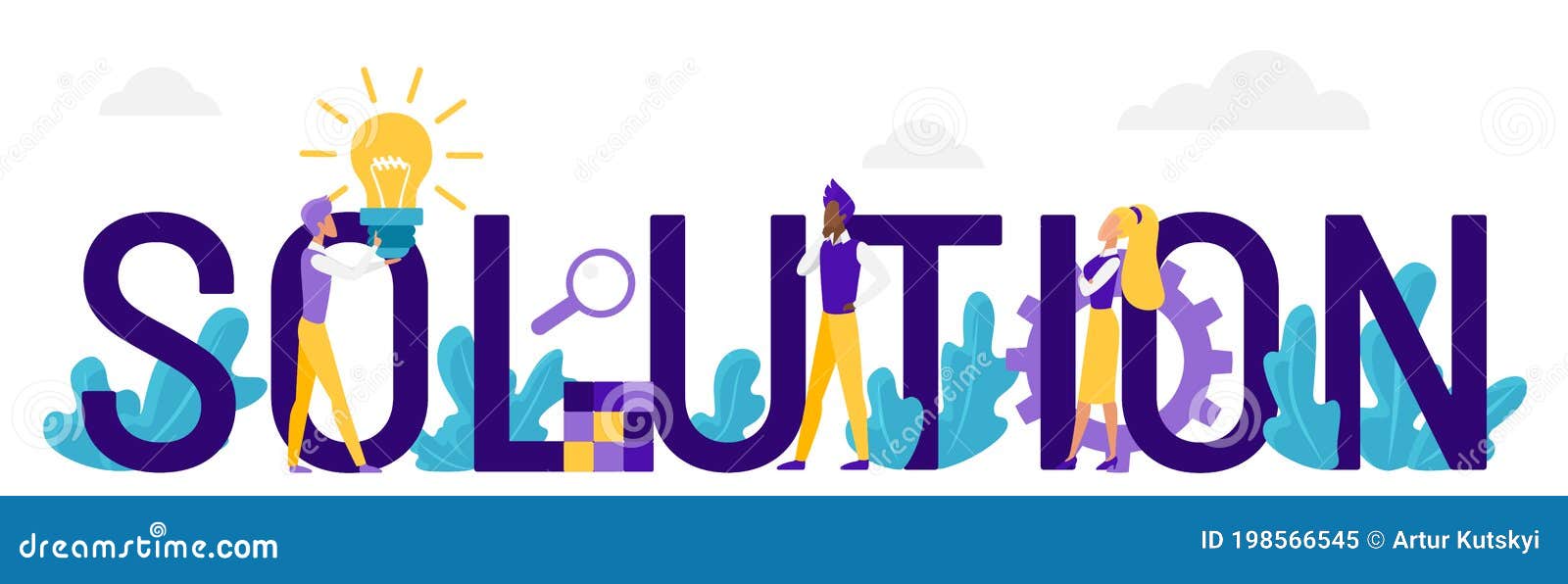 Solution Word Concept, Cartoon Flat Business People Standing Next To ... Solution Word Concept, Cartoon Flat Business People Standing Next To ...