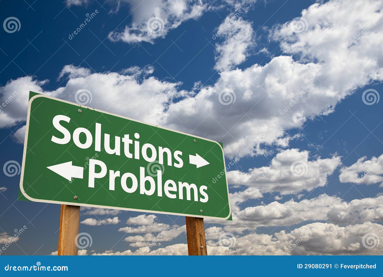 Solutions, Problems Green Road Sign Over Clouds Stock Image - Image of ...