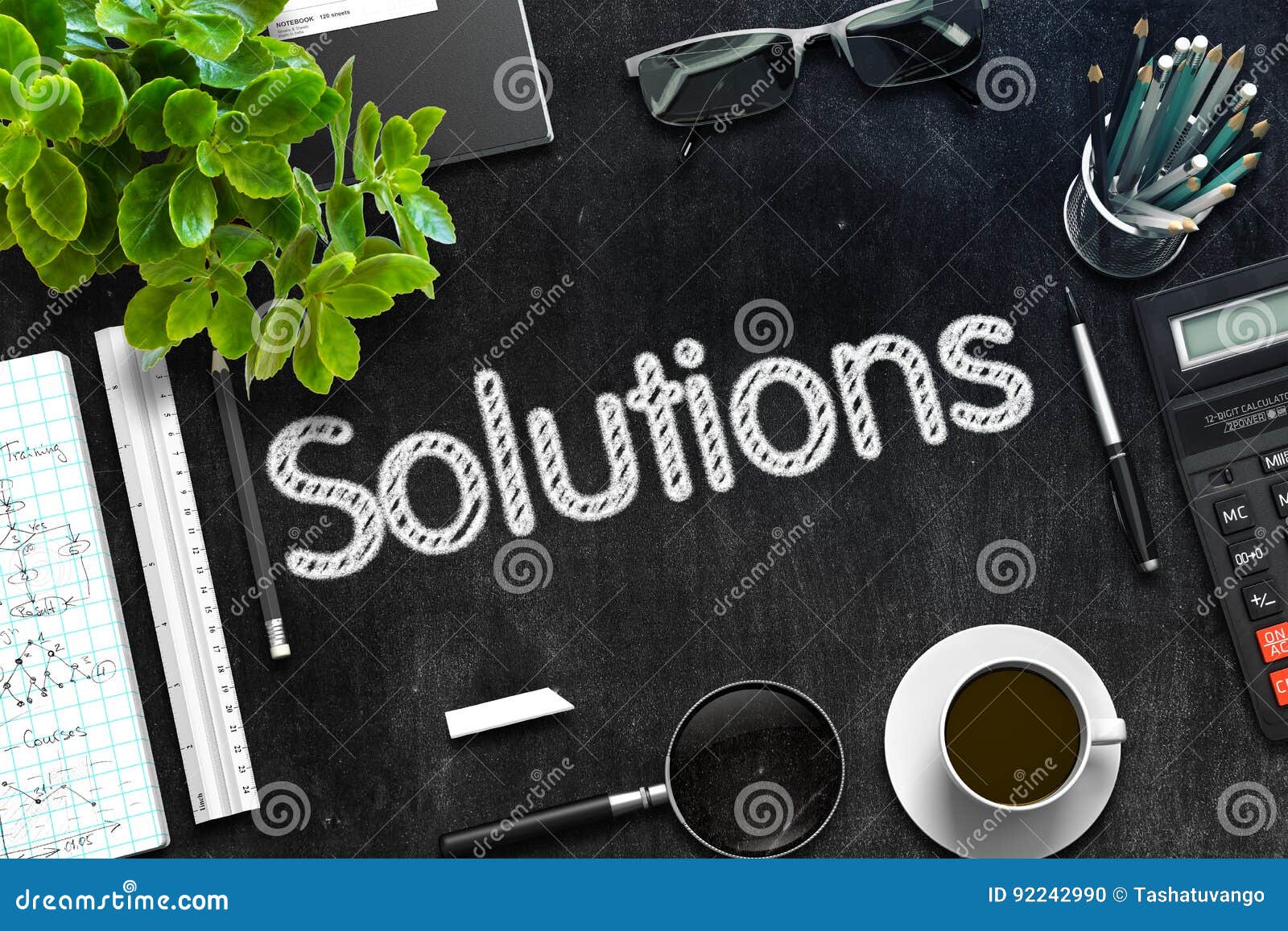 Solutions - Text on Black Chalkboard. 3D Rendering. Stock Illustration ...