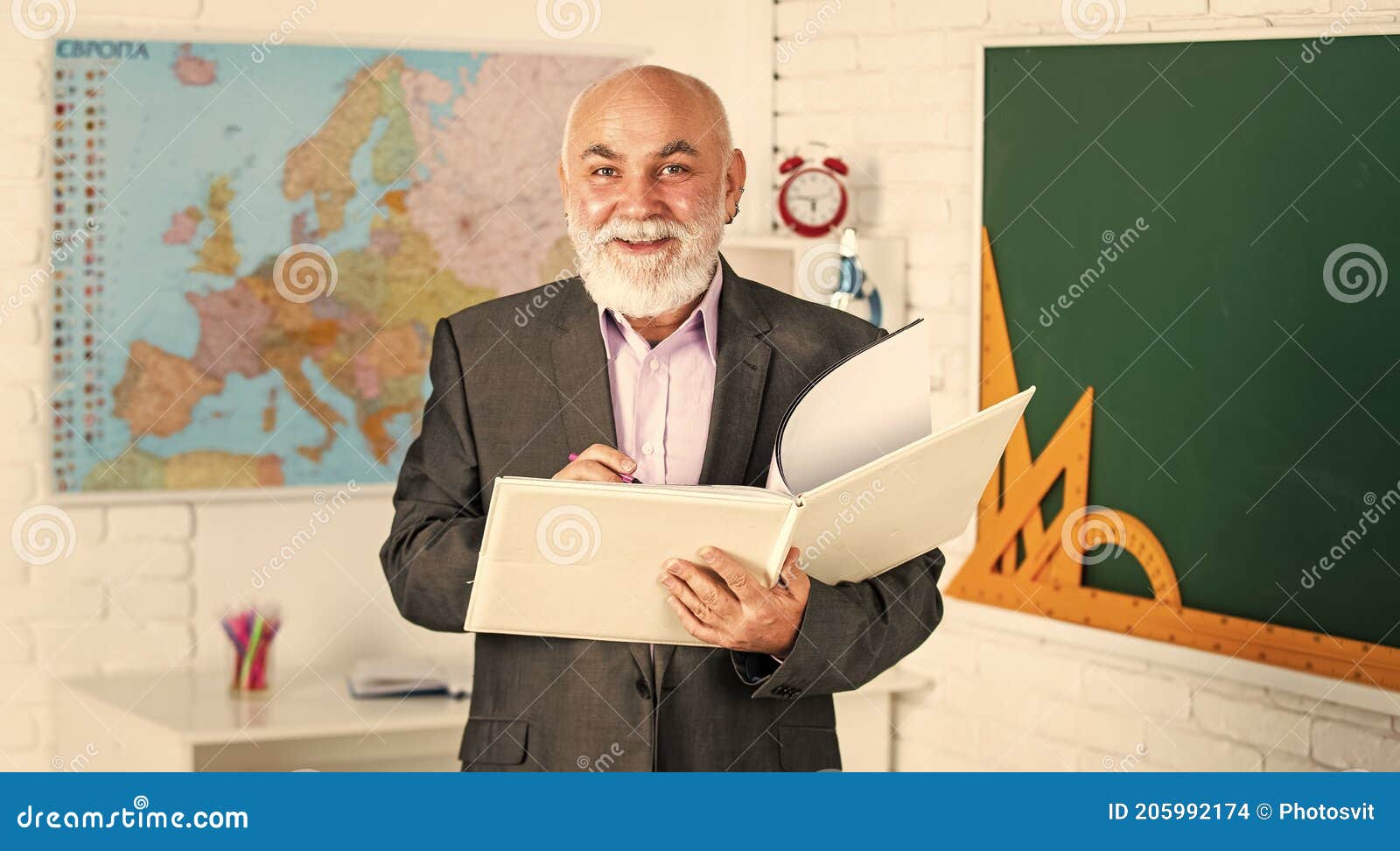 Solve Complex Problem. Teacher of Geography. Classroom with Map and ...