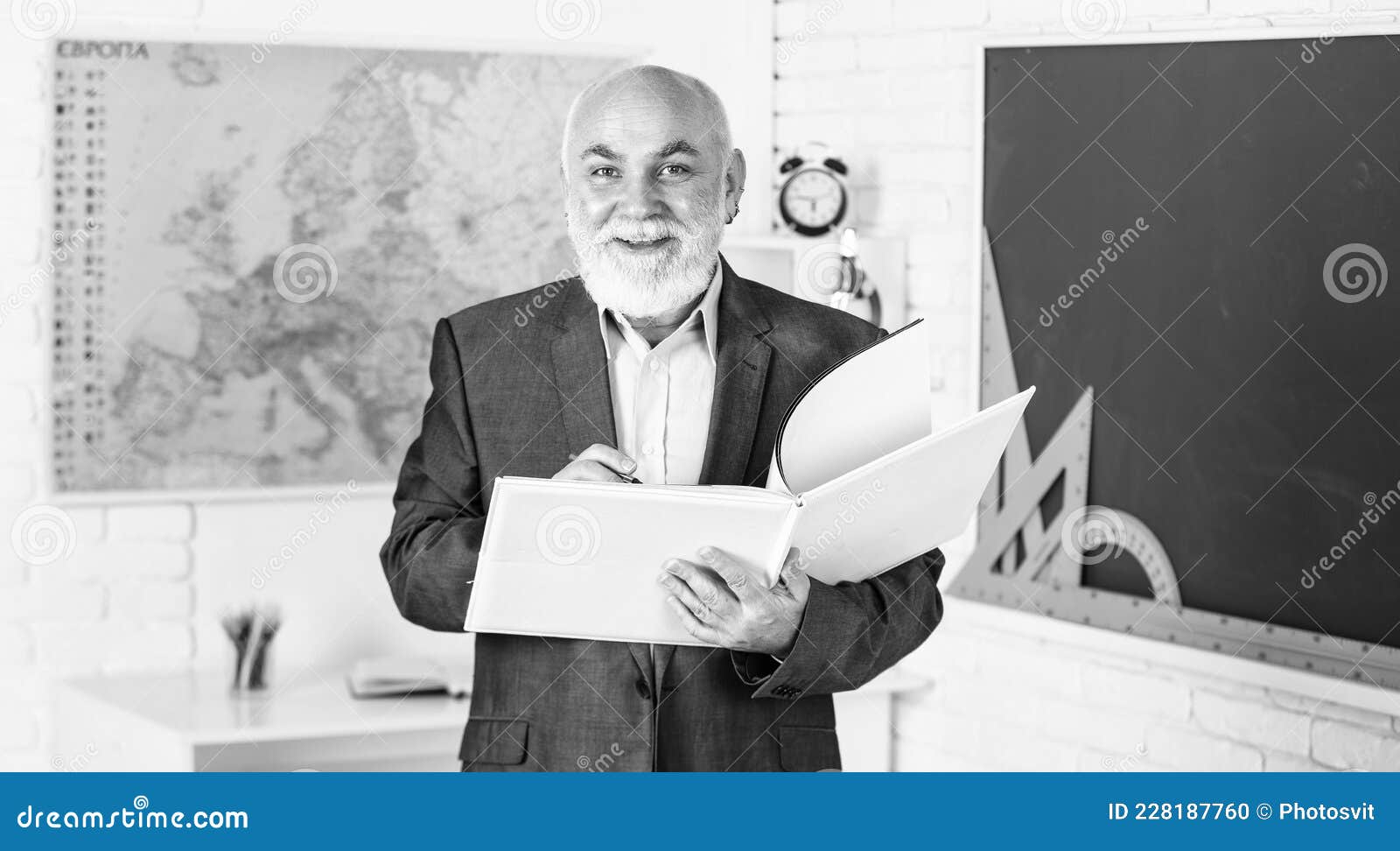 Solve Complex Problem. Teacher of Geography. Classroom with Map and ...