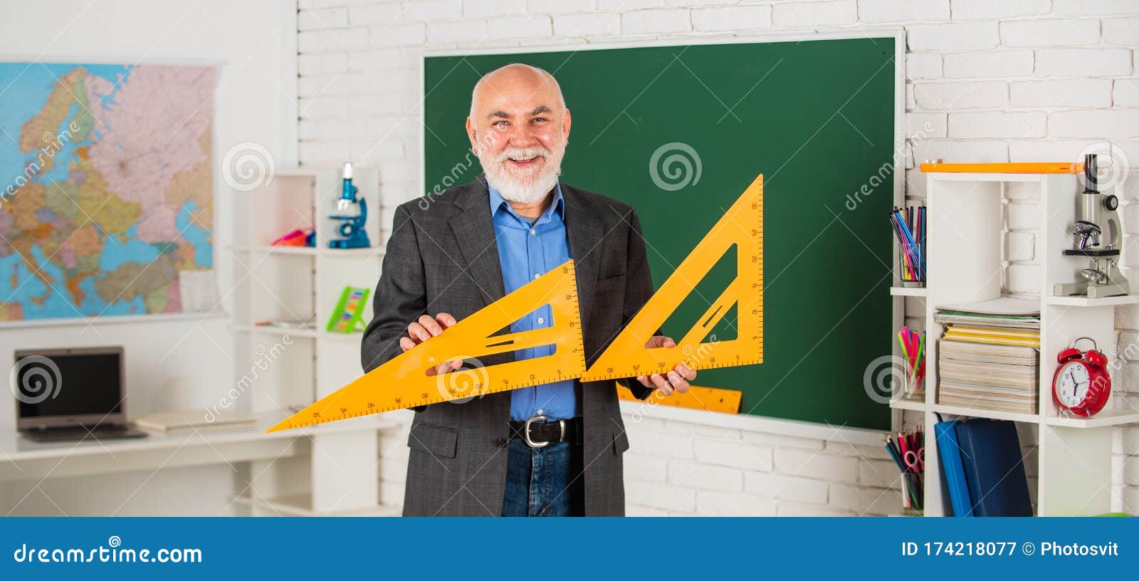 Solve Mathematical Problems. Mature Man Teacher Use Math Triangle Tool ...