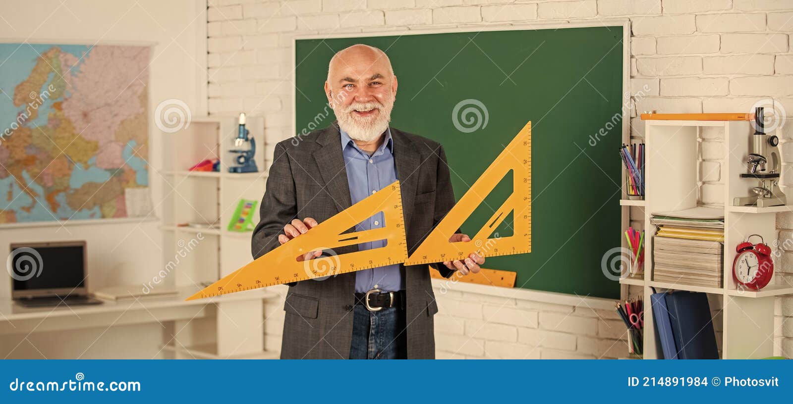 Solve Mathematical Problems. Mature Man Teacher Use Math Triangle Tool ...