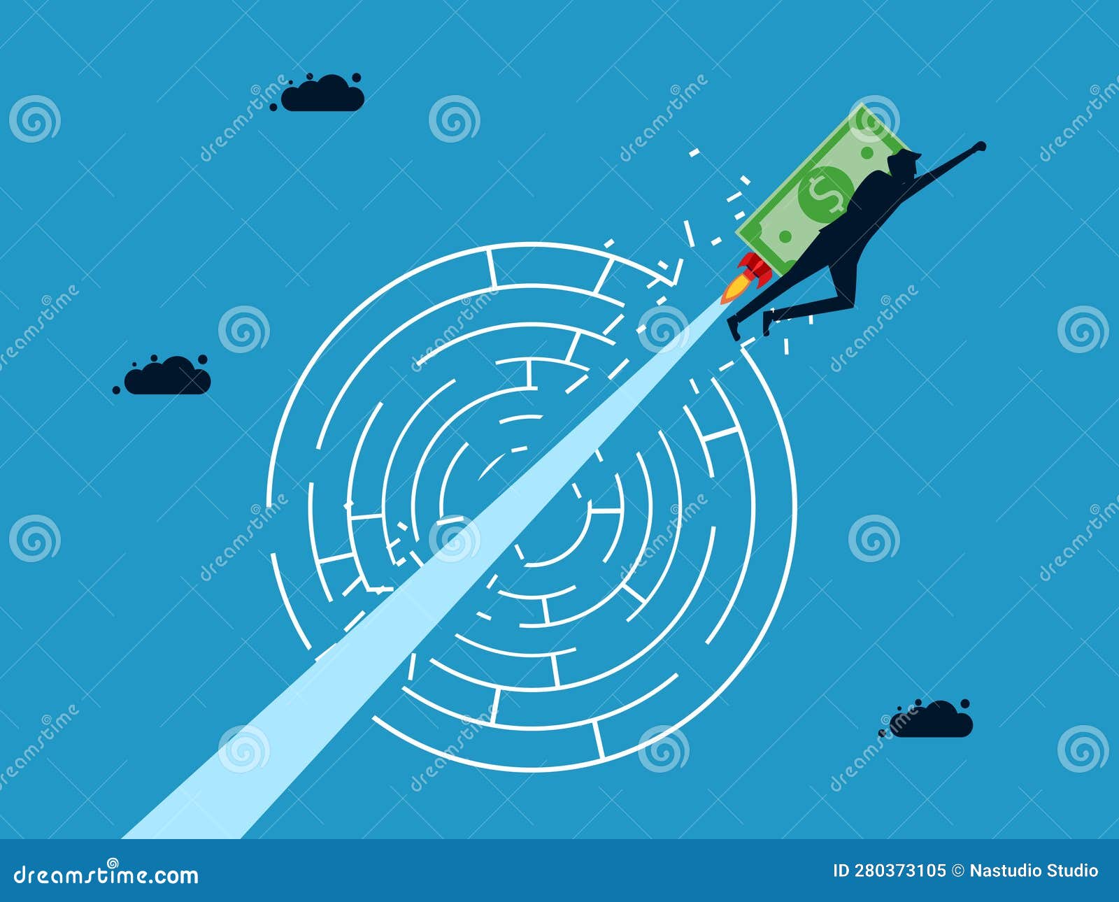 Solve Problems and Obstacles with Money. Flying Man with Banknotes ...