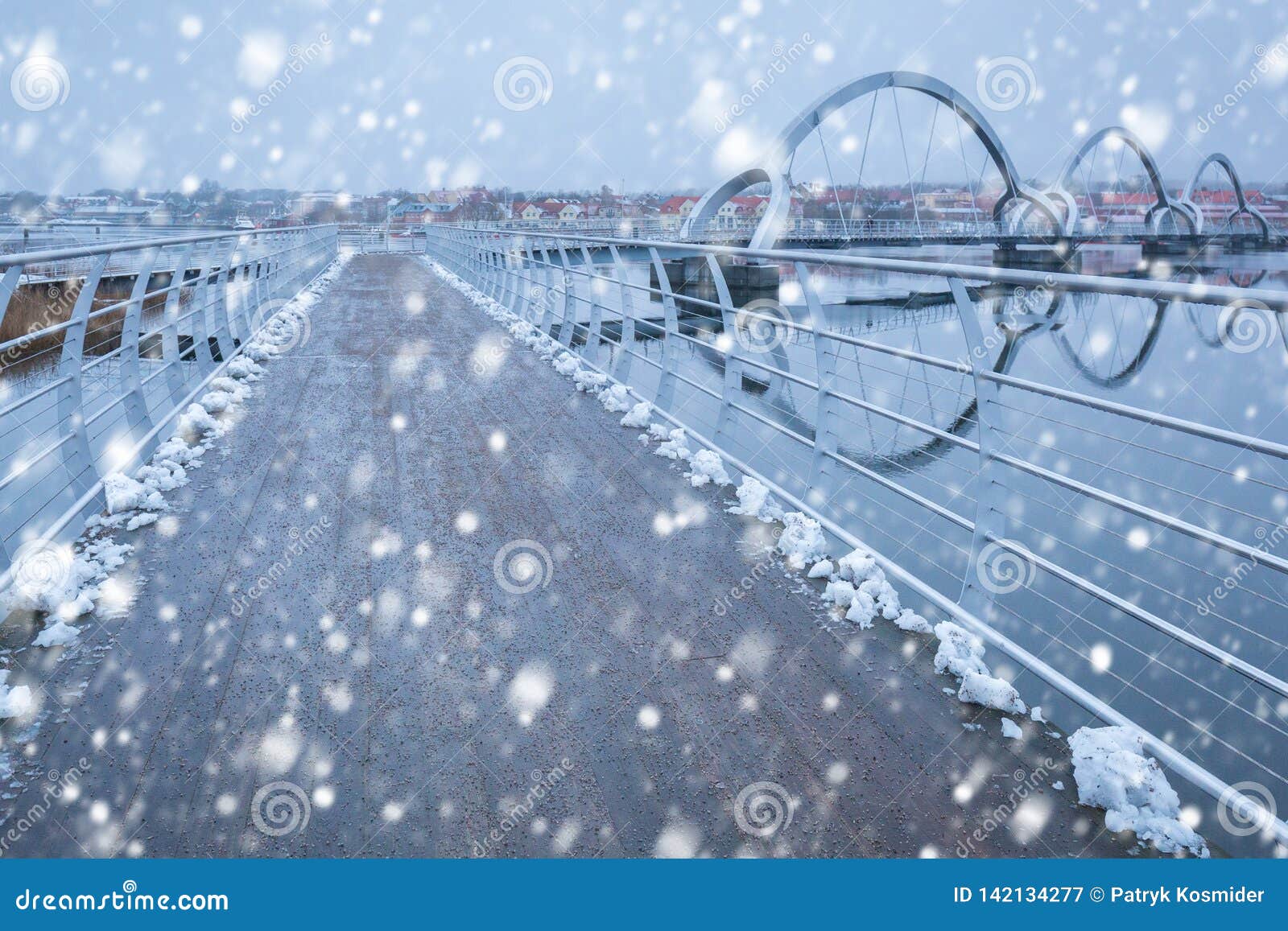 Solvesborgsbron Pedestrian Bridge with Falling Snow in the South of ...