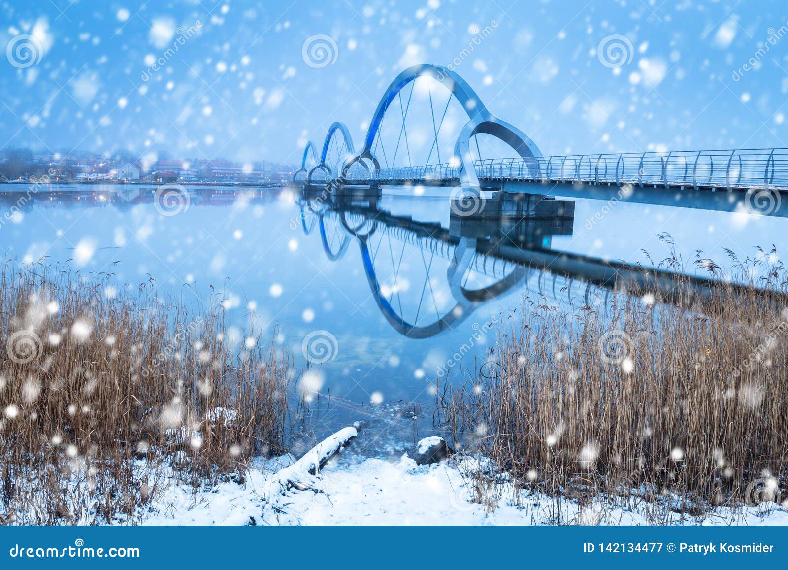 Solvesborgsbron Pedestrian Bridge with Falling Snow in the South of ...