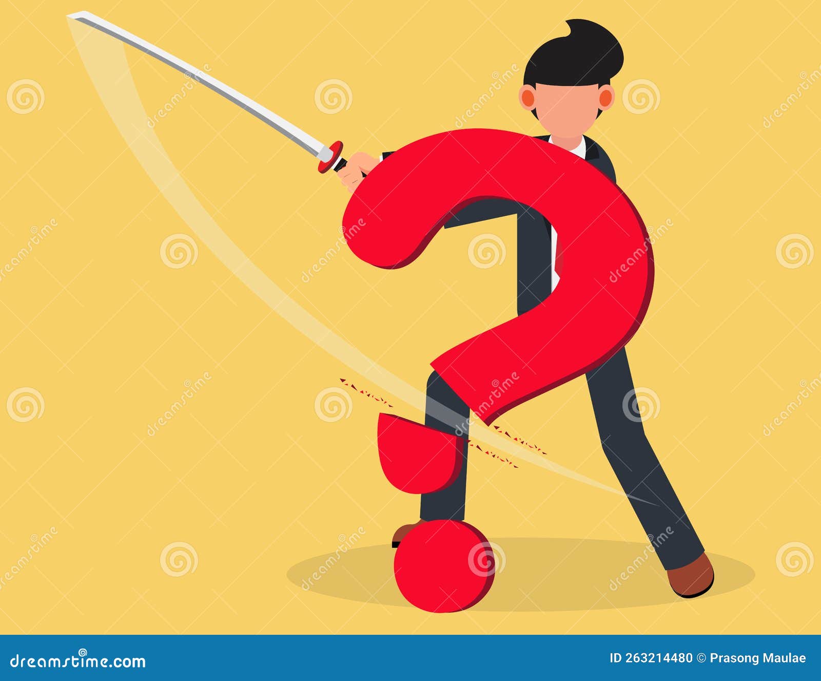 Solving Problem. Businessman Cuts Question Mark with a Sword Stock ...