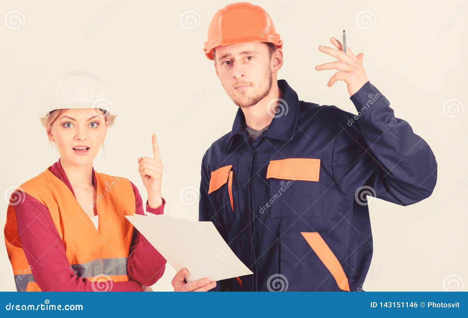 Solving Problems Concept. Man and Woman in Hard Hats, Stock Photo ...