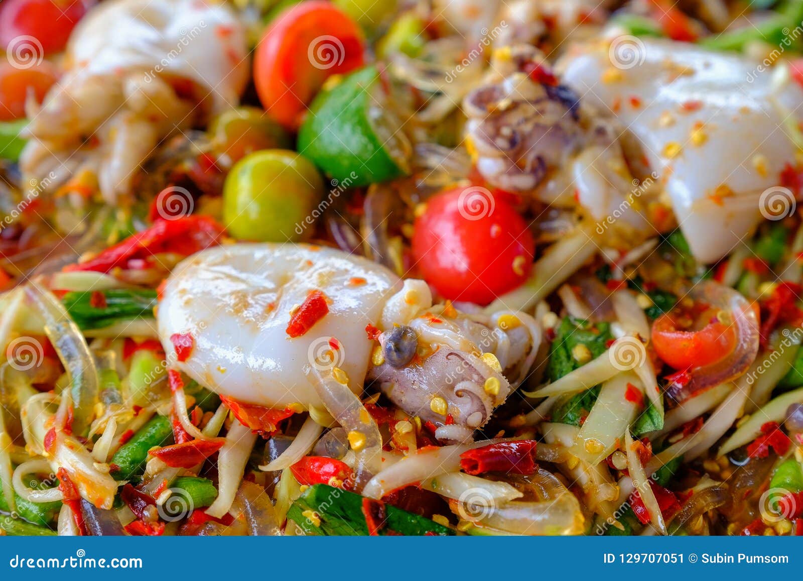 Som Tam Seafood Spicy Papaya Salad With Salted Squid On Woode Stock