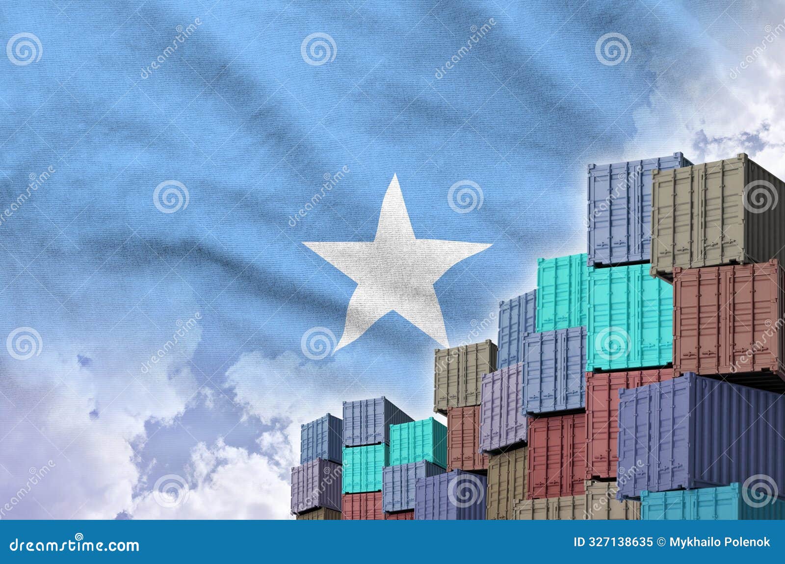 Somalia Flag and Big Stack of Shipping Cargo Containers in Docks with ...