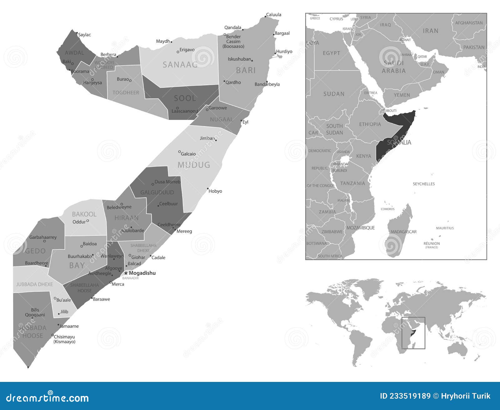 Somalia - Highly Detailed Black and White Map. Stock Vector ...