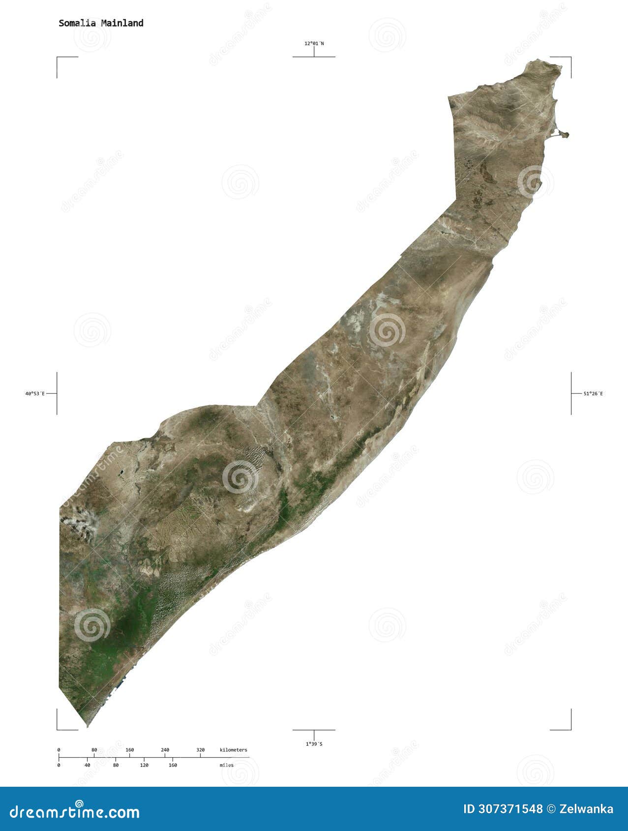 Somalia Mainland Shape on White. High-res Satellite Stock Illustration ...