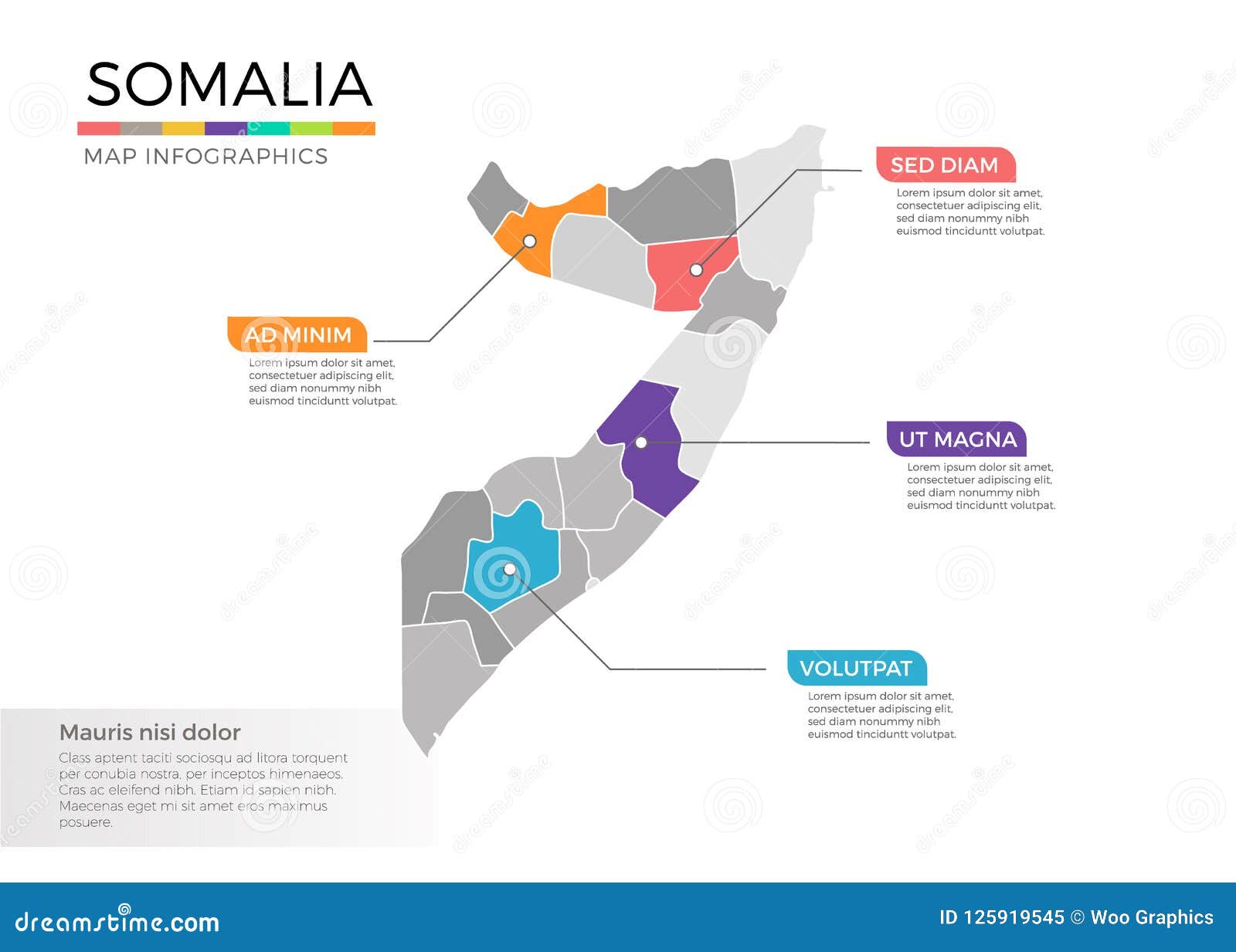 Somalia Map Infographics Vector Template with Regions and Pointer Marks ...