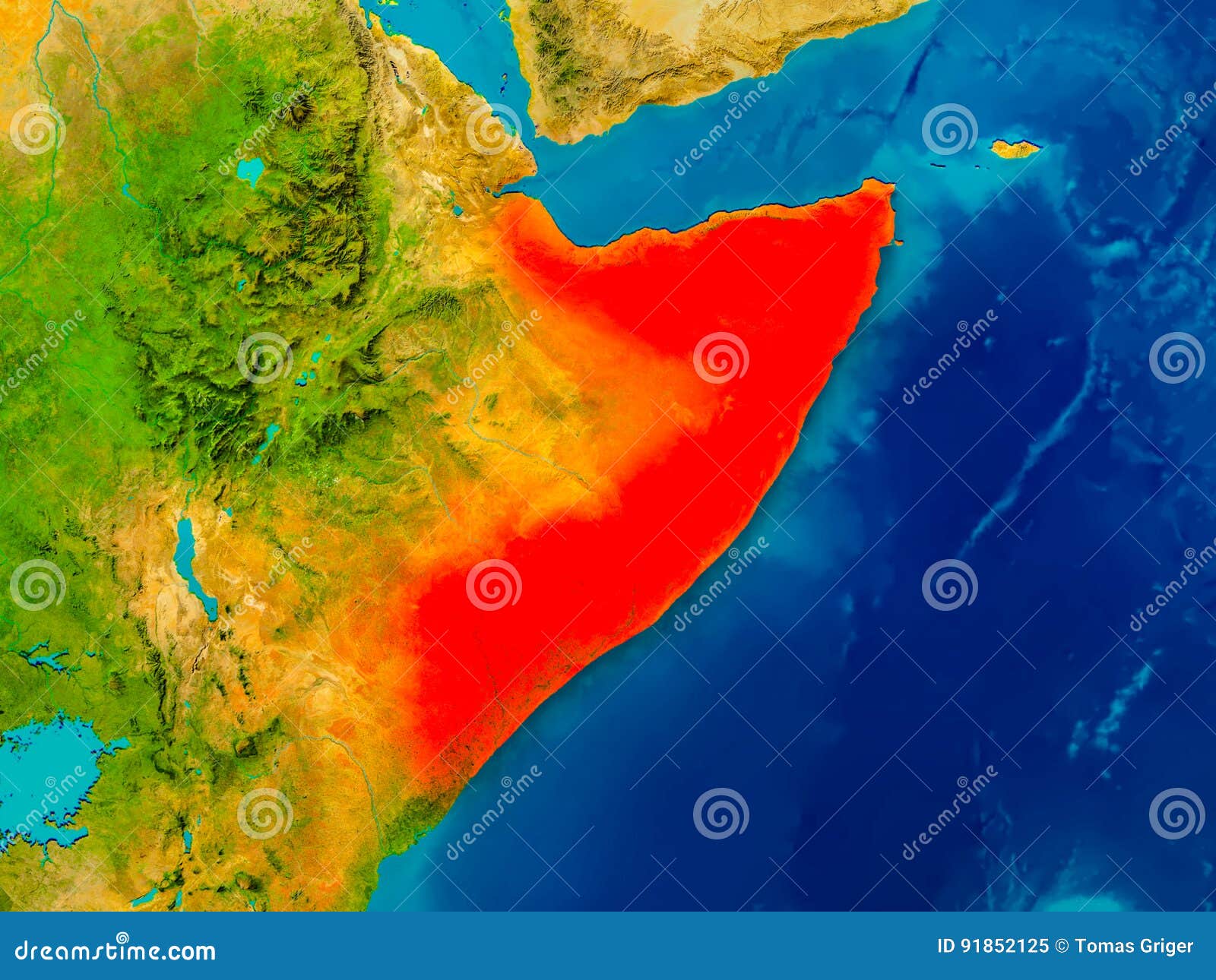Somalia on physical map stock illustration. Illustration of cartography - 91852125