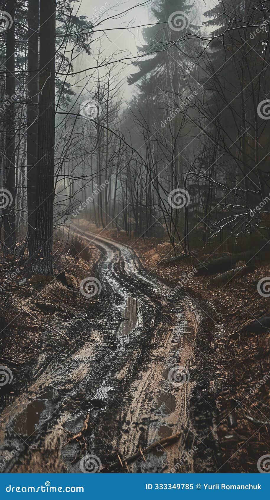 A Somber and Desolate Forest Landscape with Dead Trees and a Rugged ...