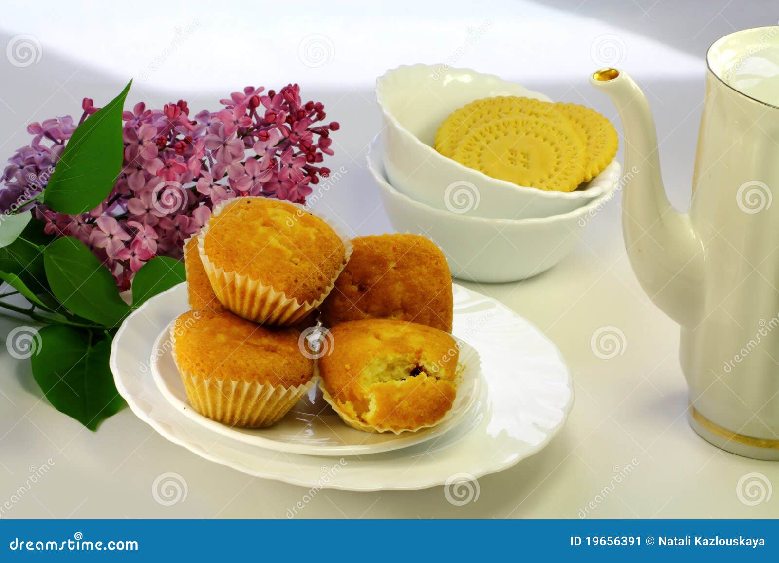Some Appetizing Cakes, Biscuits and Lilac Flowers Stock Image - Image ...