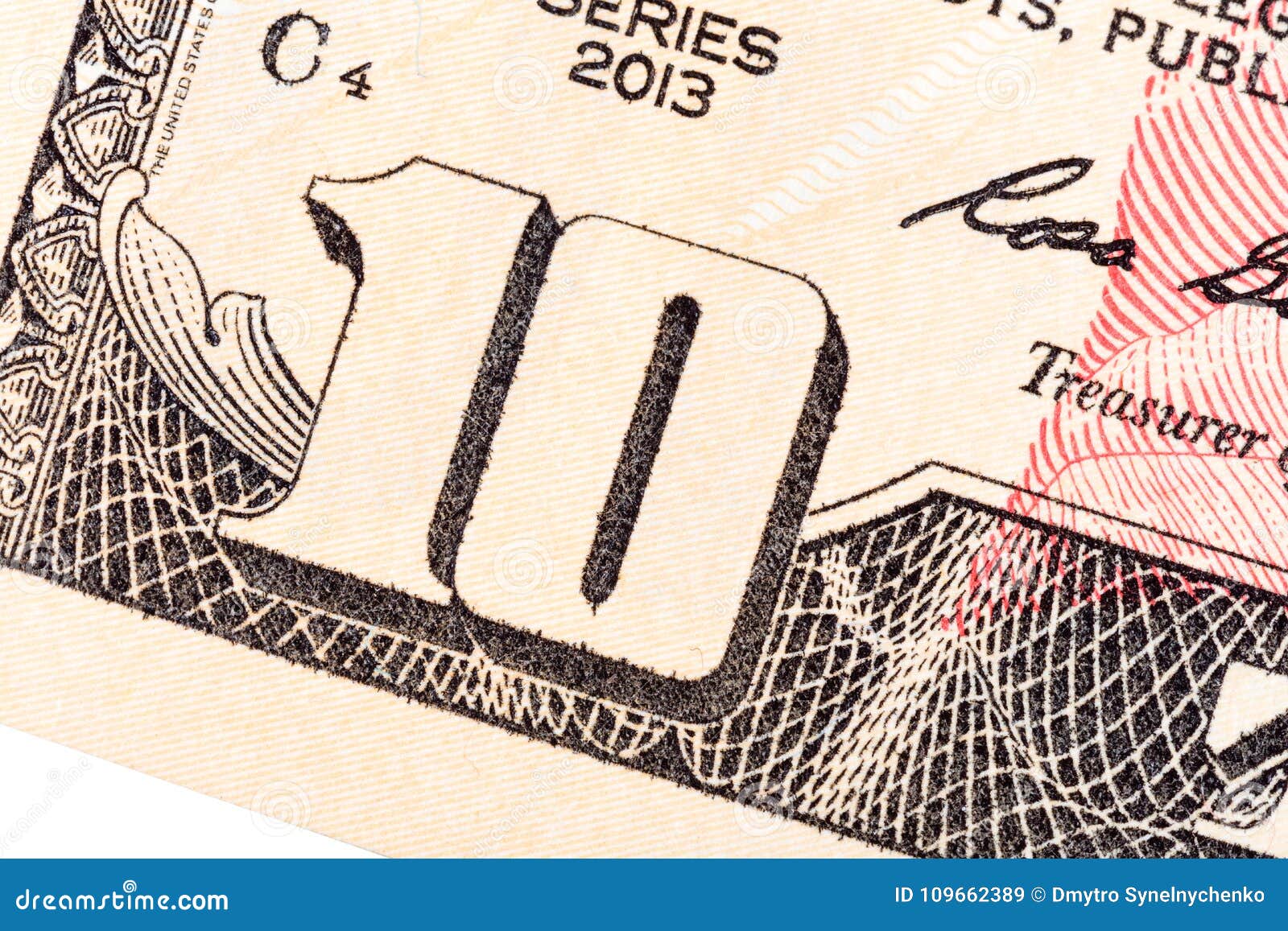 Some Elements of Ten U.S. Dollar Bill Stock Image - Image of parchment ...